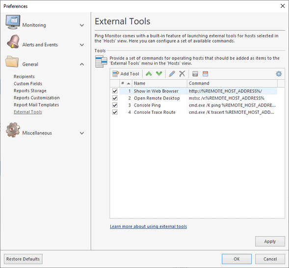 External Tools - Ping Monitor