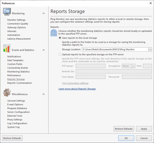 Reports Storage - Ping Monitor