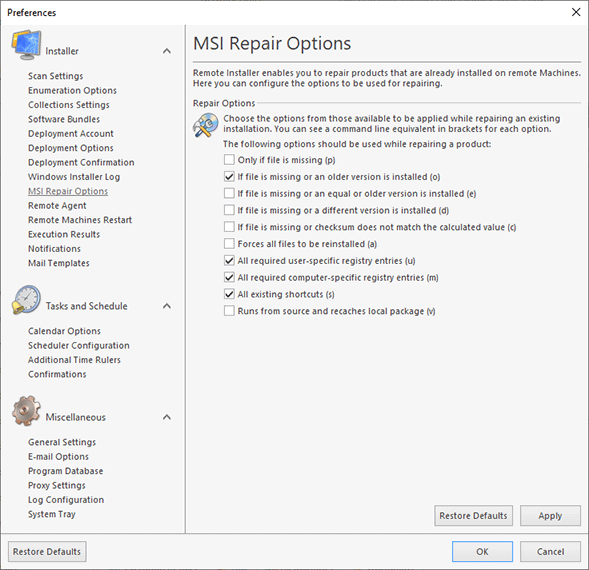 MSI Repair Options Page - Remote Installer