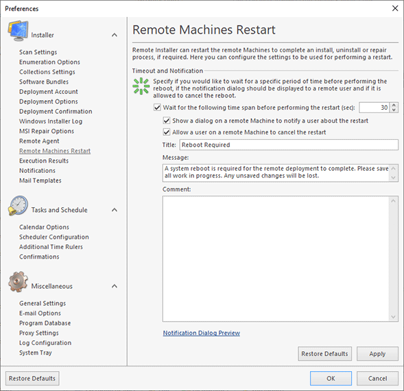 Remote Machines Restart Page - Remote Installer