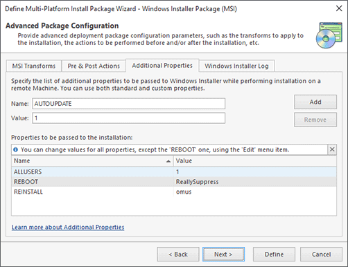 Using Additional Properties - Remote Installer